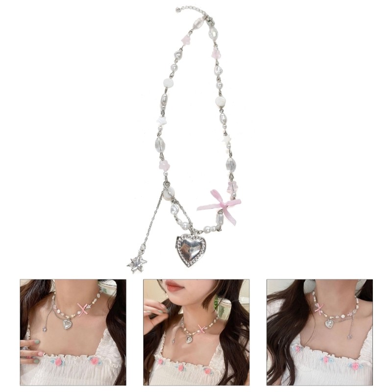 Trend Elegant Kpop Heart Pendant Necklace Star Crystal Metal Silver ...