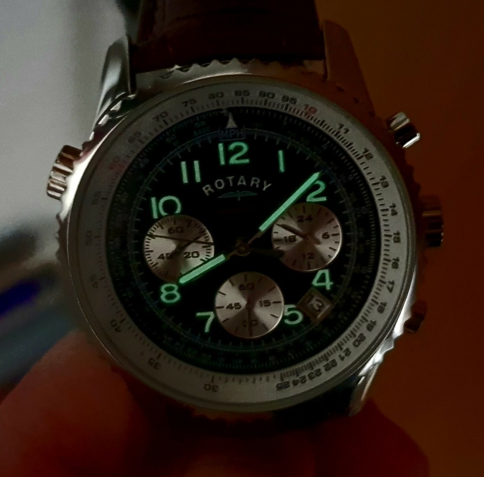 ROTARY Mens Watch Brown Leather Chronograph Chronospeed Luminous Boxed ...