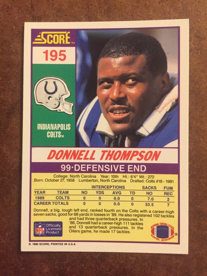 Donnell Thompson 195 Score 1990 NFL Football Trading Card | eBay