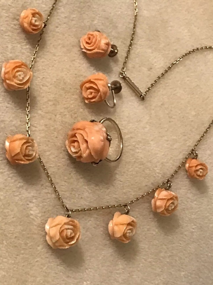 19th Century Antique Victorian 14K Gold Carved Salmon Coral Roses ...