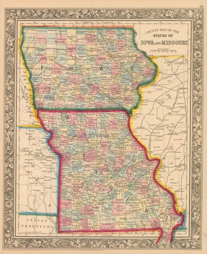 1860 County Map of Iowa and Missouri | eBay