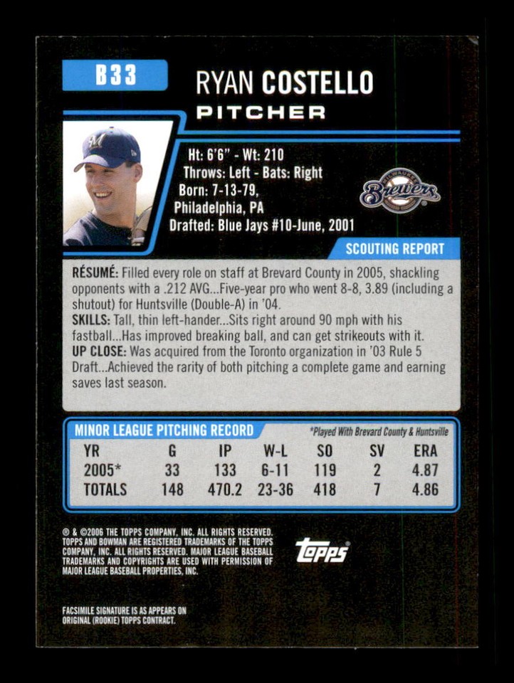 2006 Baseball Bowman Ryan Costello Milwaukee Brewers #B33 | eBay