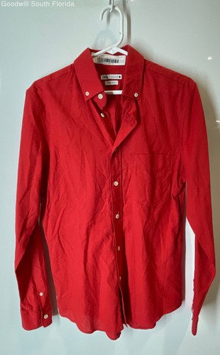 Zara Mens Red Collared Long Sleeve Regular Fit Button-Up Shirt Size ...