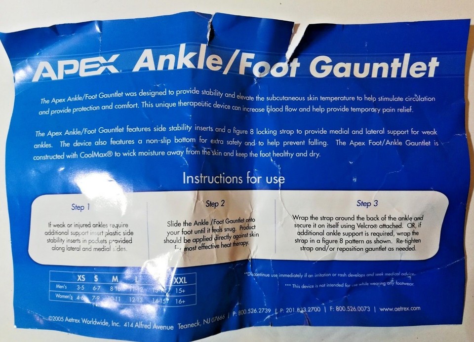 Apex Ankle Foot Gauntlet Stabilizer Wrap w/ Cool Max Tech Size S Small ...