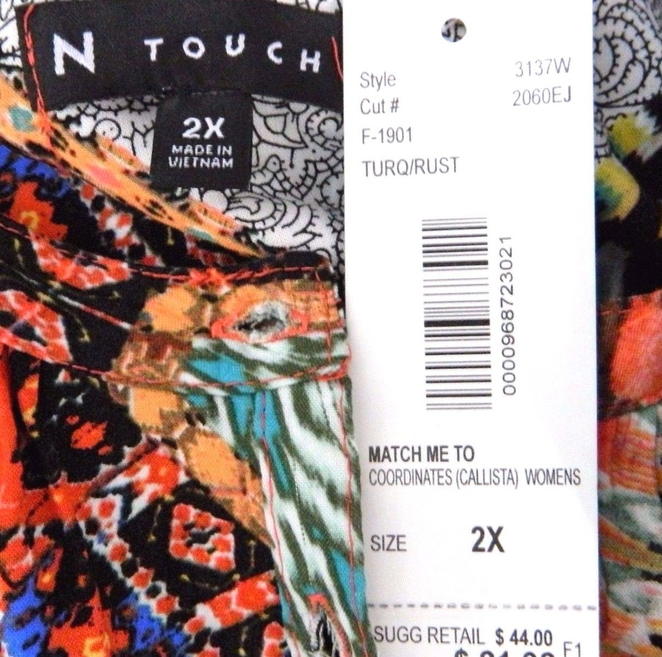 N Touch Women Plus Size 1x 2x 3x Rusty Red Green Tunic Top Blouse Shirt ...