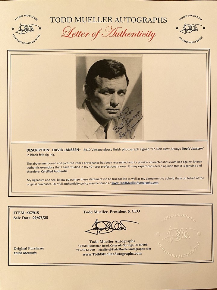David Janssen Signed Autographed Photo With COA The Fugitive Harry O ...