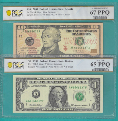 $1 and $10 2X Matching Serial Number SOLID 6s 66666637 PCGS Graded 65/ ...