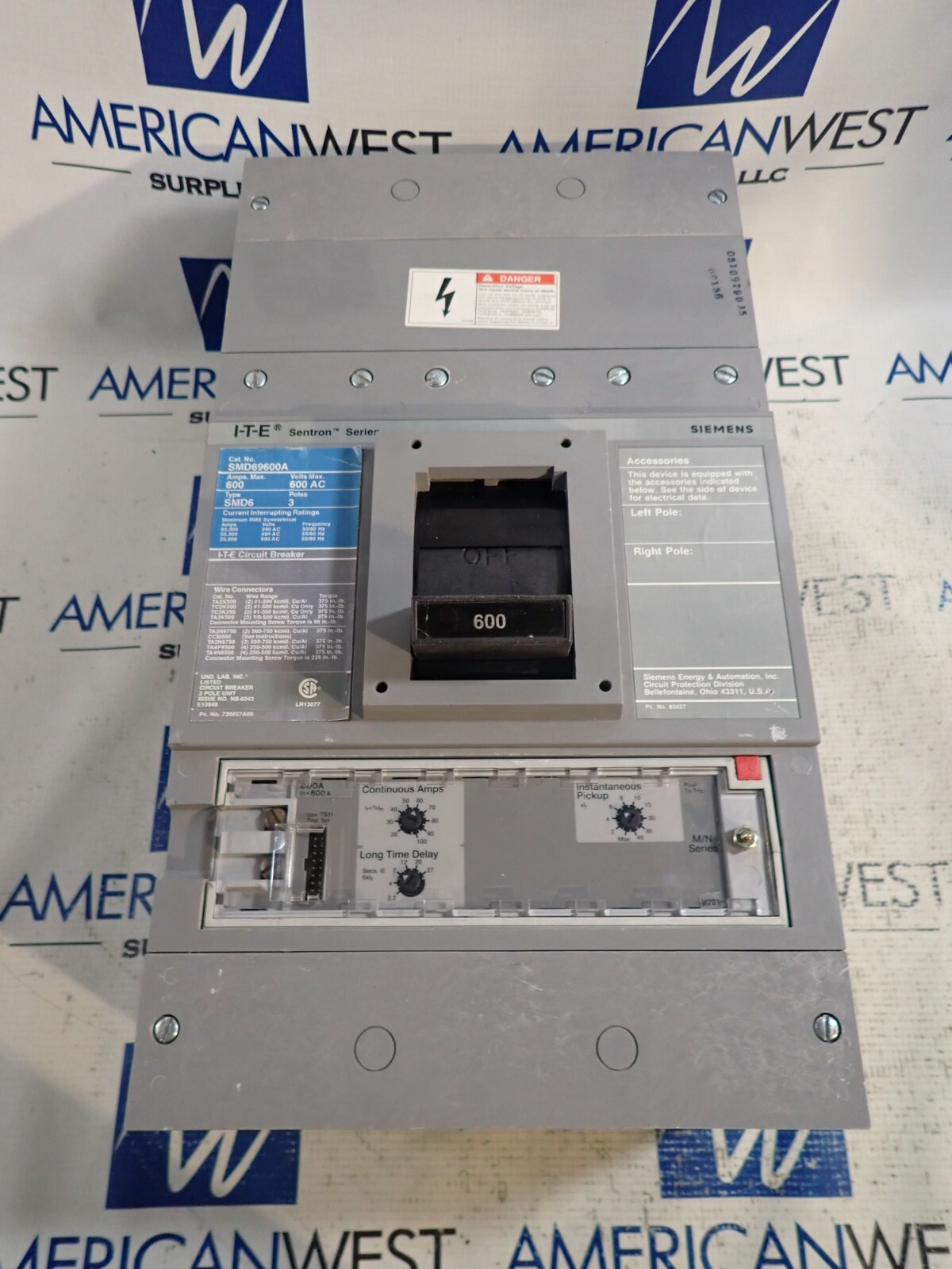 Siemens ITE Sentron SMD69600A 600 amp 600 volt LI Electronic Trip 50kA ...