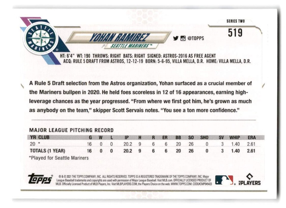Yohan Ramirez 2021 Topps #519 Seattle Mariners BASEBALL | eBay