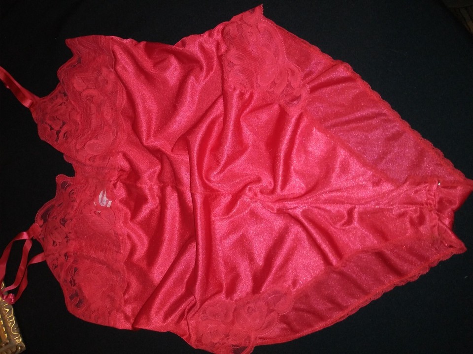 Vtg Silky Soft Nylon Shiny Teddy jumpsuit nightie FRILLY LACE HI LEG ...