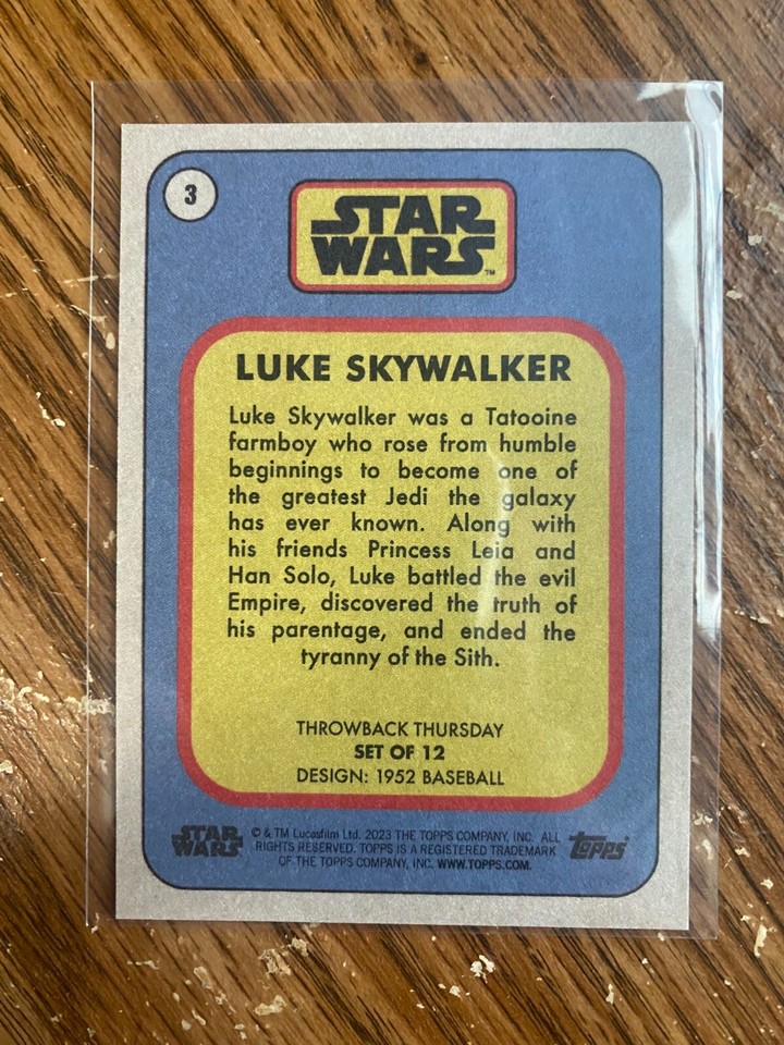 Luke Skywalker #3 2023 Topps TBT Star Wars Throwback Thursday 1952 ...