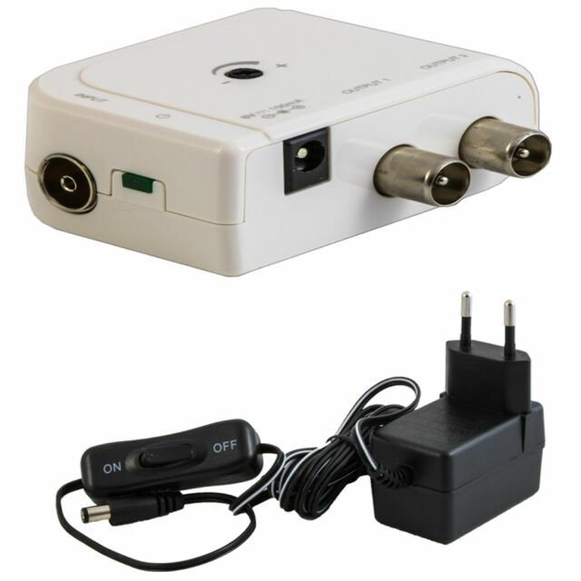 2 Way TV Aerial Signal Booster Amplifier Freeview Two Outputs 15db Gain ...