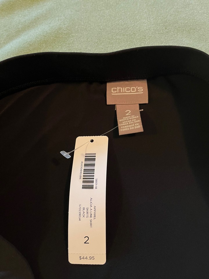 Chicos Size 2 Womens Skirt Black Midi Pull On ALine Polyester Stretch ...