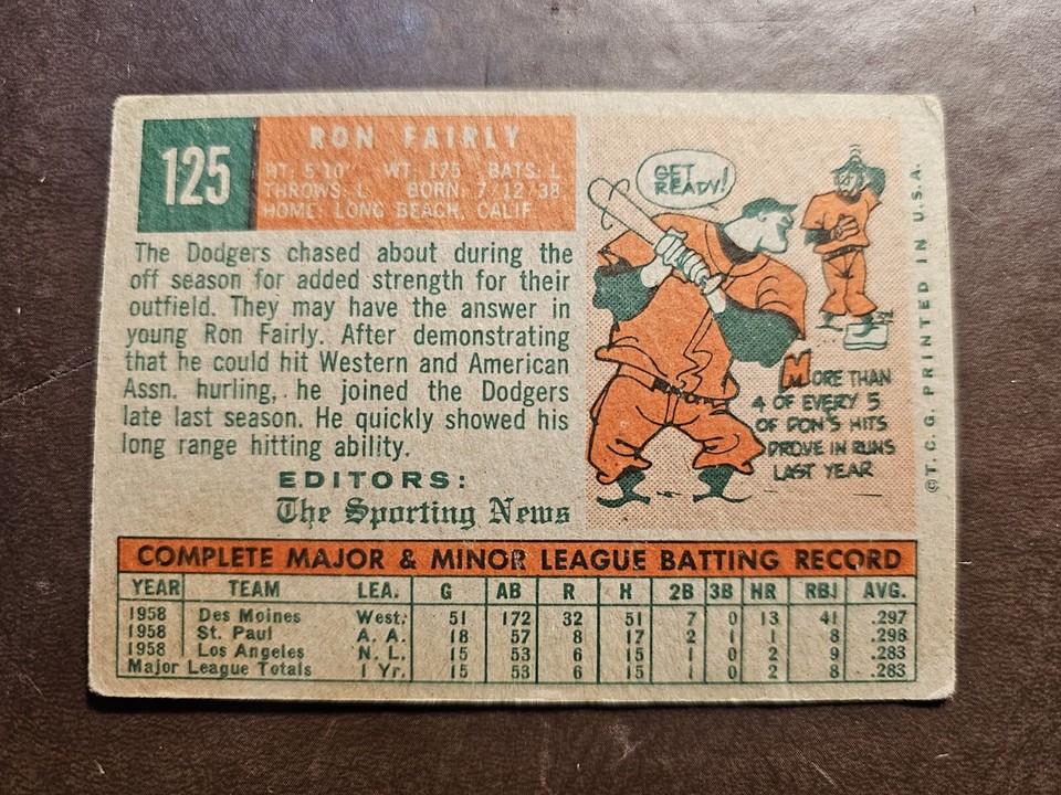 1959 Topps - Sporting News Rookie Stars #125 Ron Fairly Rookie RC LA ...