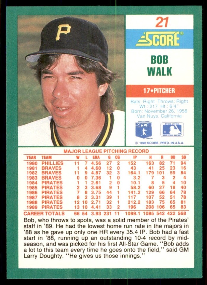 1990 Score Bob Walk Baseball Cards #21 | eBay