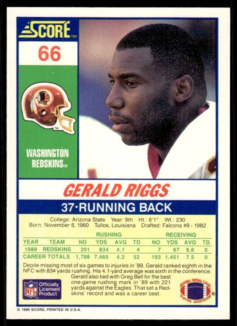 1990 SCORE NFL FOOTBALL Trading Card #66 - GERALD RIGGS, Washington ...