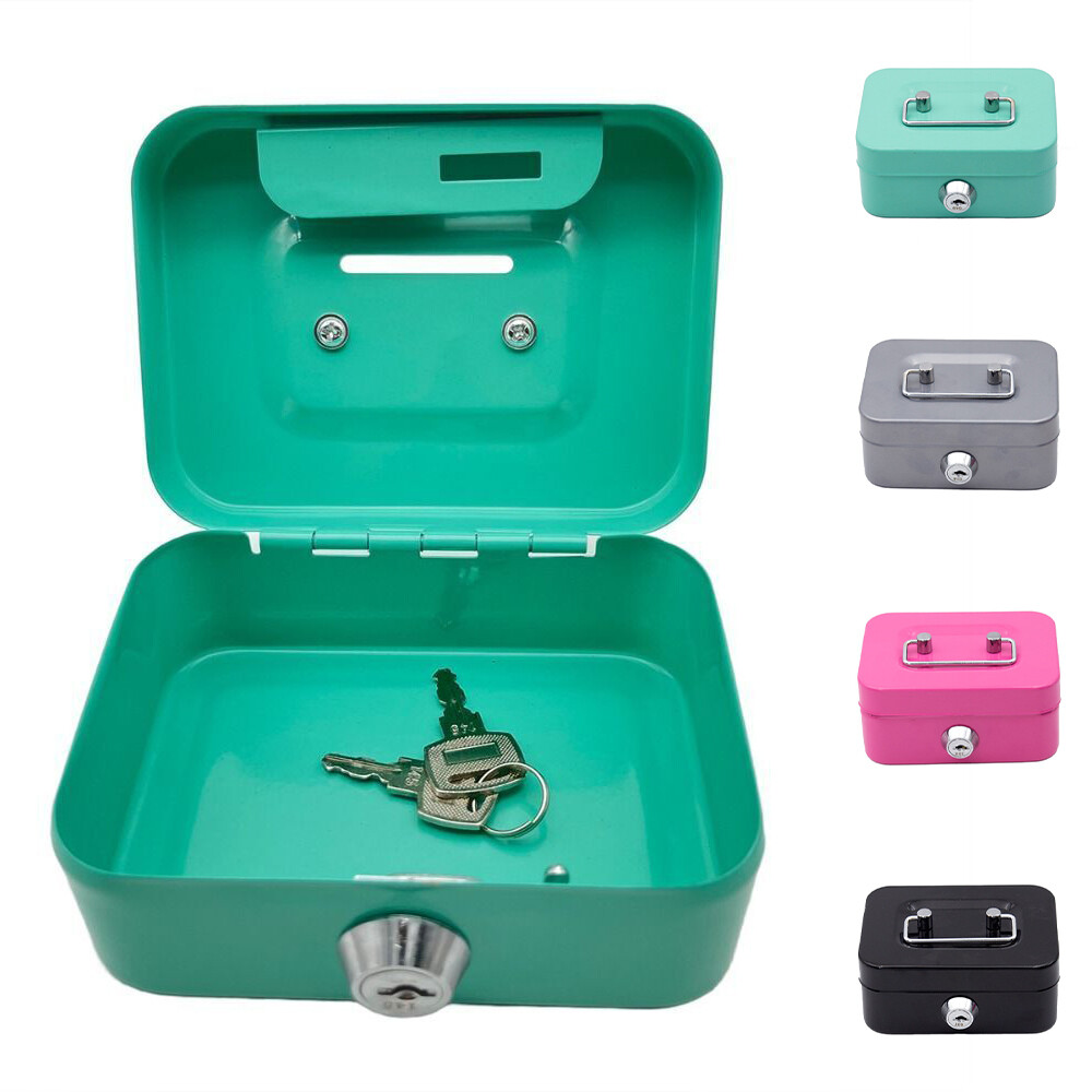 Small Metal Money Box Cash Tin Organizer Piggy Bank with Lock and Slot ...