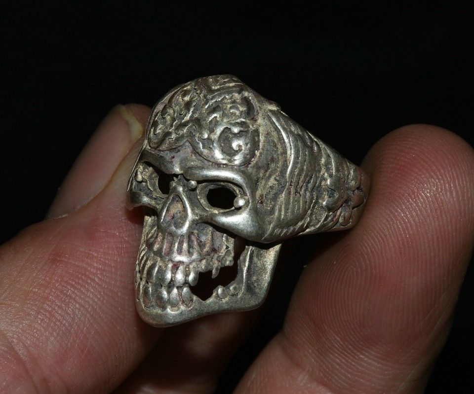 2.7CM Rare Chinese Miao Silver Human Skeleton Skull Head Fingerstall ...