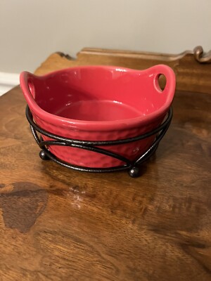 Tastefully Simple Red Dip Dish 6" x 3" Crock w/Wrought Iron Stand-NEW ...
