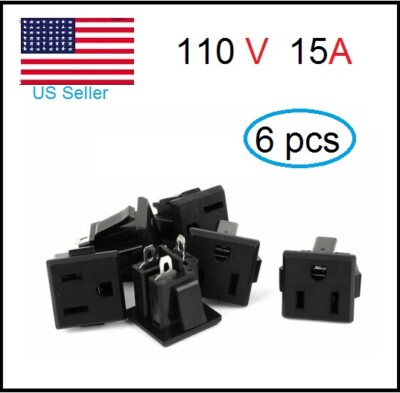 6 Pcs AC 125V 15A Panel Mount Power Socket Connector Black for US 2Pin ...