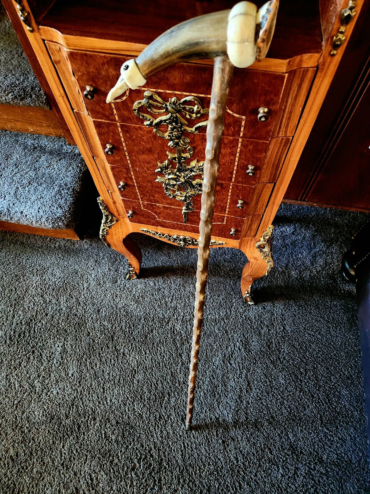 Antique Folk Art Stag Horn ,bone,goose Walking Stick - Gem