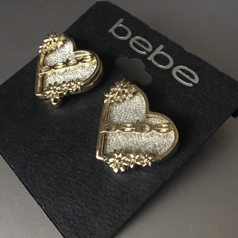 bebe Heart Earrings Gold Tone & Silver Sparkles with Logo & Florals New ...