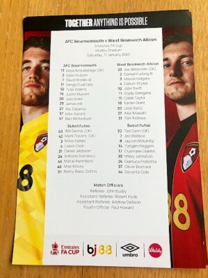 AFC BOURNEMOUTH V WEST BROMWICH ALBION FA CUP TEAM SHEET 11/01/25 | eBay