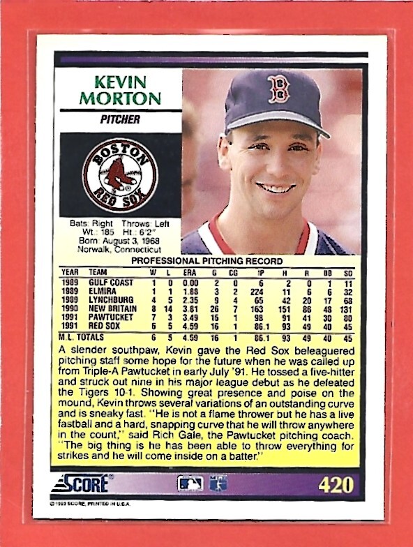 1992 Score Baseball Kevin Morton RP #420 Boston Red Sox | eBay