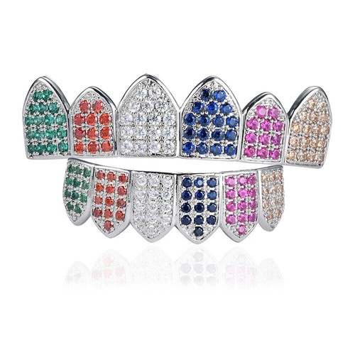 Mens 6 Teeth Grillz Mouth Top Bottom Full Iced Hip Hop Colorful Tooth ...