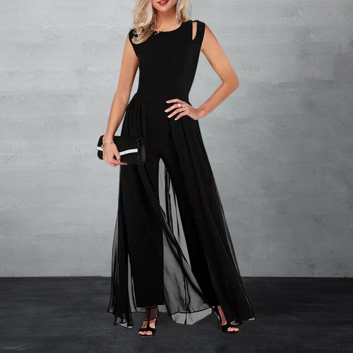 Work Jumpsuit Sleeveless Dressing Up High Waist Net Yarn Wide Leg Work ...