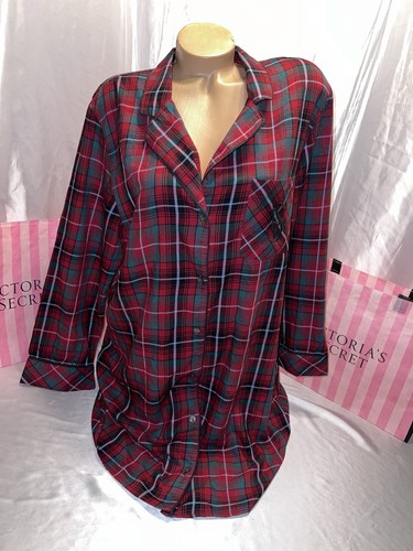 Victorias Secret Flannel Sleep Shirt Nightie Large Monogram Pockets | eBay