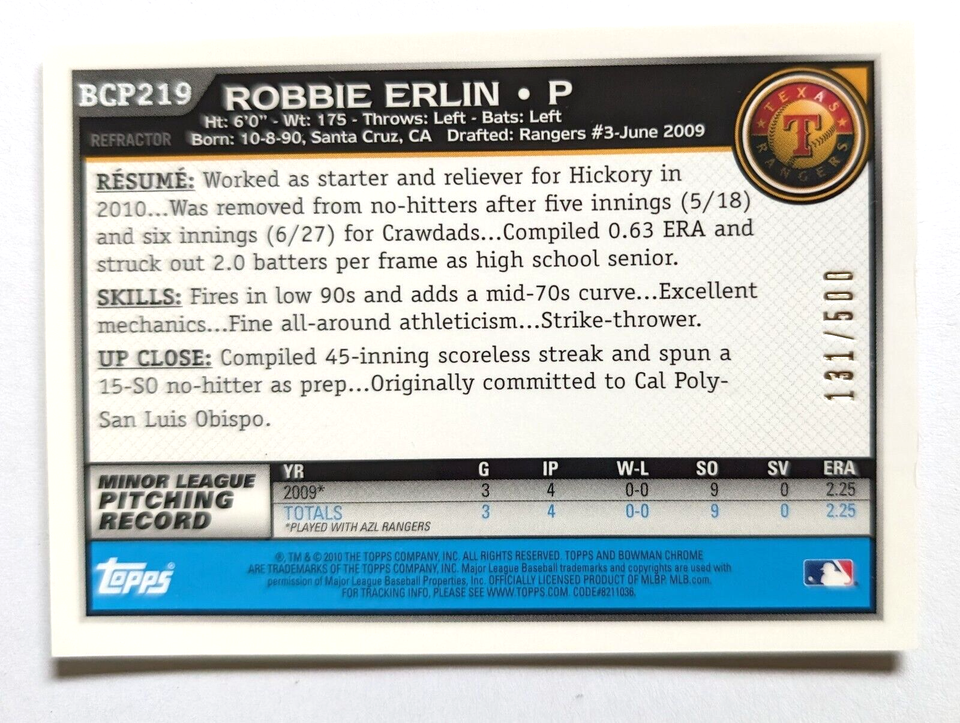 2010 Bowman Chrome 1st Robbie Erlin Auto /500 Refractor #bcp219 Rangers ...