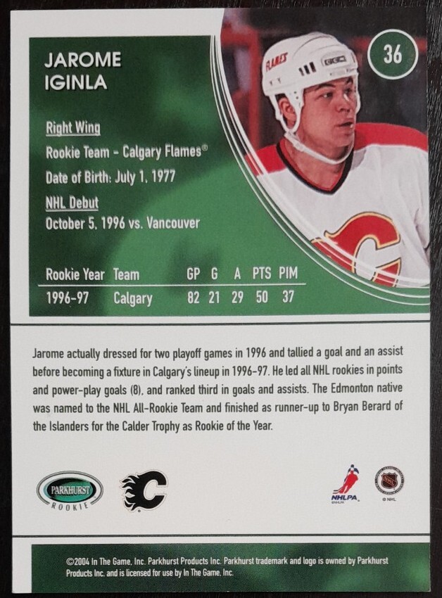 2003 - 2004 Parkhurst Rookie Jarome Iginla Flames #36 Hockey Card | eBay