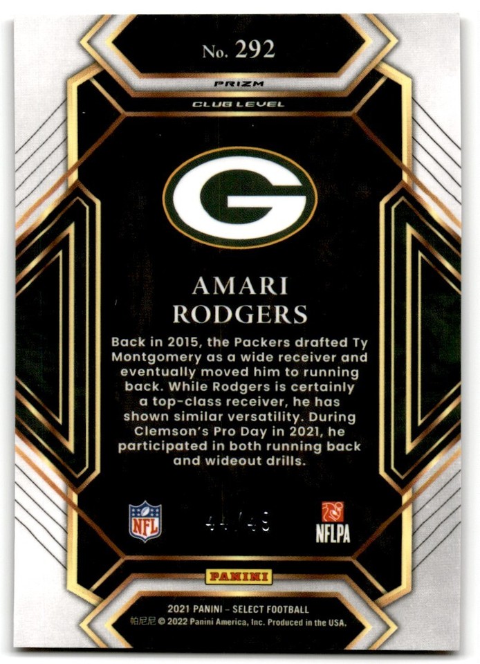 2021 Panini Select Red Mojo Amari Rodgers Rookie /49 Green Bay Packers ...