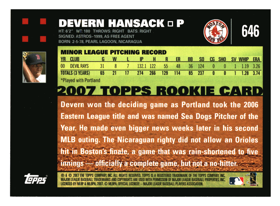 2007 Topps Devern Hansack Boston Red Sox RC Rookie #646 Centered Mint ...