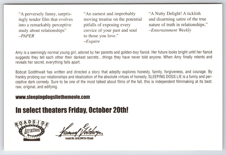 Postcard Sleeping Dogs Lie Movie 2006 Romantic Comedy Film Bobcat ...