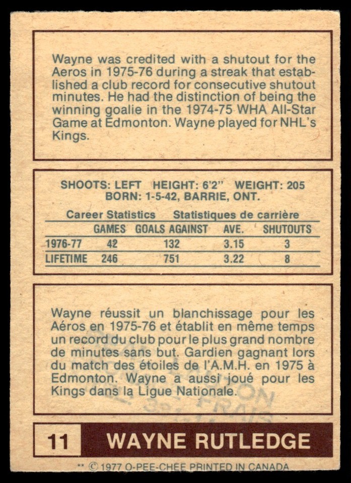 1977-78 O-Pee-Chee WHA Wayne Rutledge Houston Aeros #11 R139 | eBay