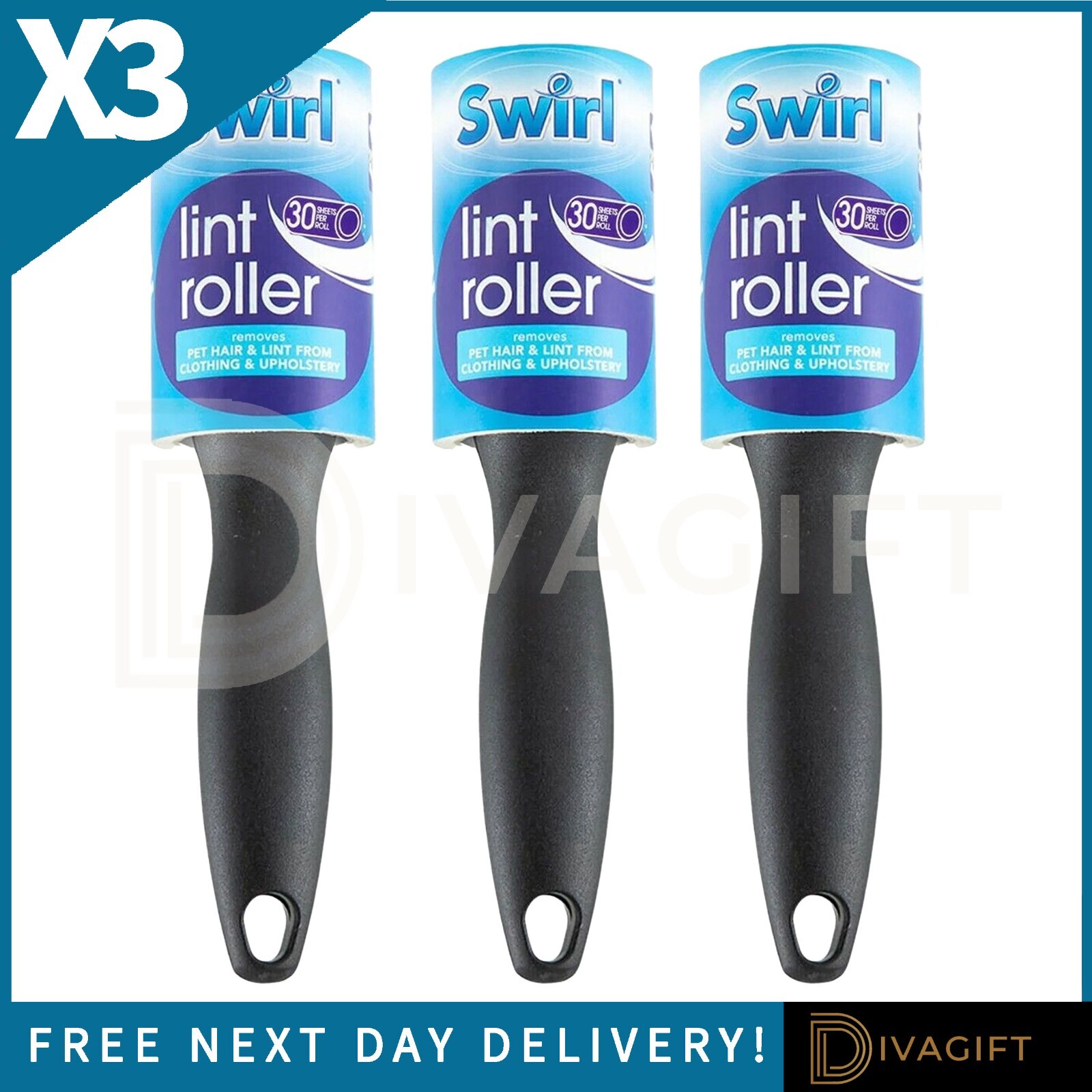 3PK X 30 SHEETS PER ROLL LINT ROLLER REFILLS ROLLS PET HAIR FLUFF DUST ...