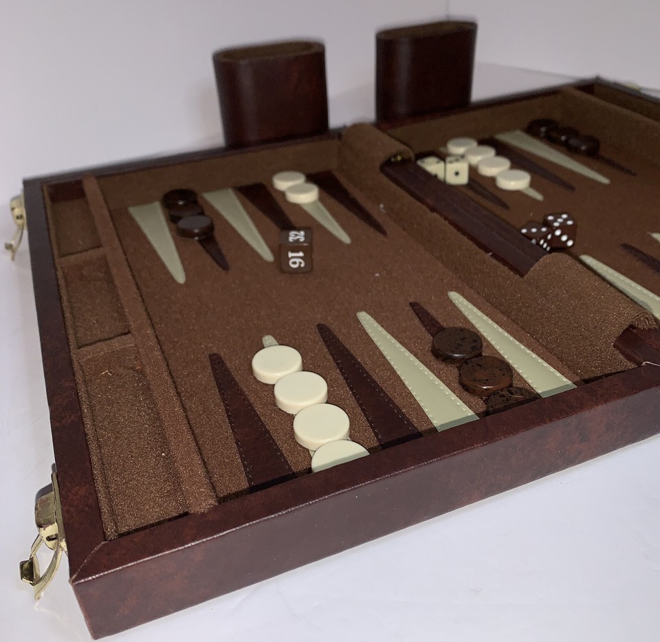 Vintage Backgammon Set Brown Faux Leather Travel Folding Case Nearly ...
