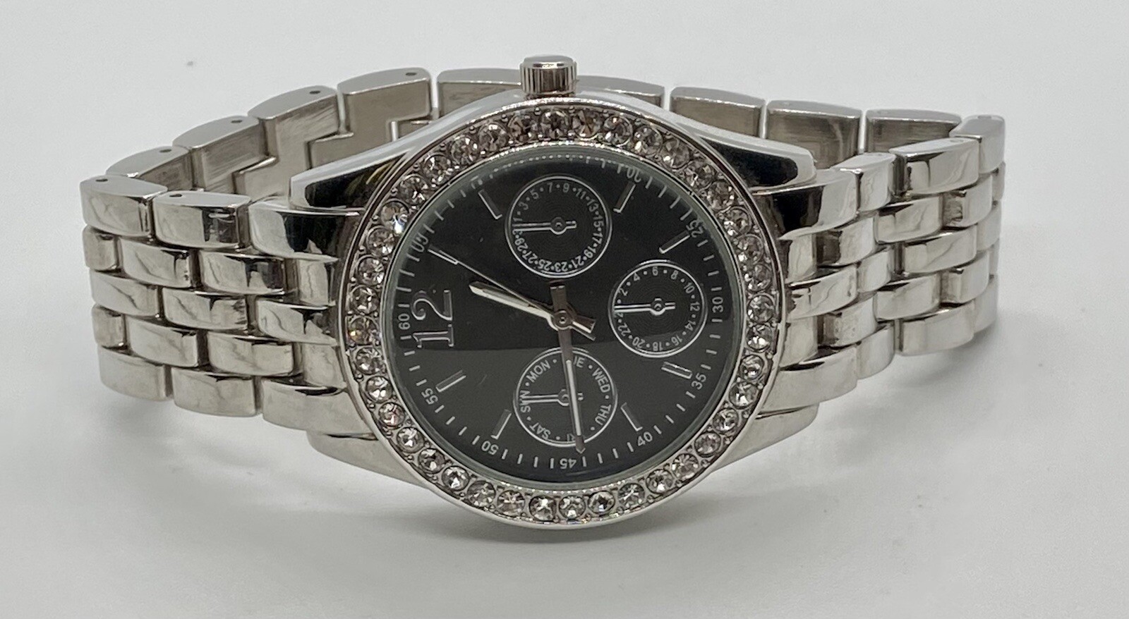 MERONA Ladies Watch New Battery Iced Silver 6-3/4” Grey Dial Faux ...