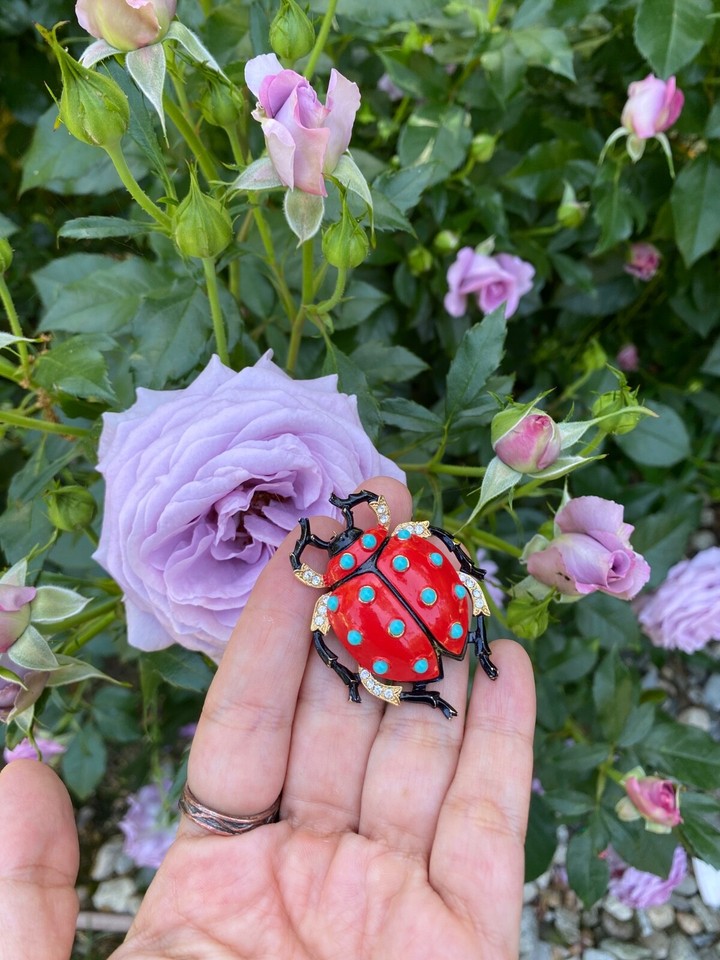 Vintage KJL Kenneth Jay Lane Red Enamel Rhinestone Ladybug Gold Tone ...