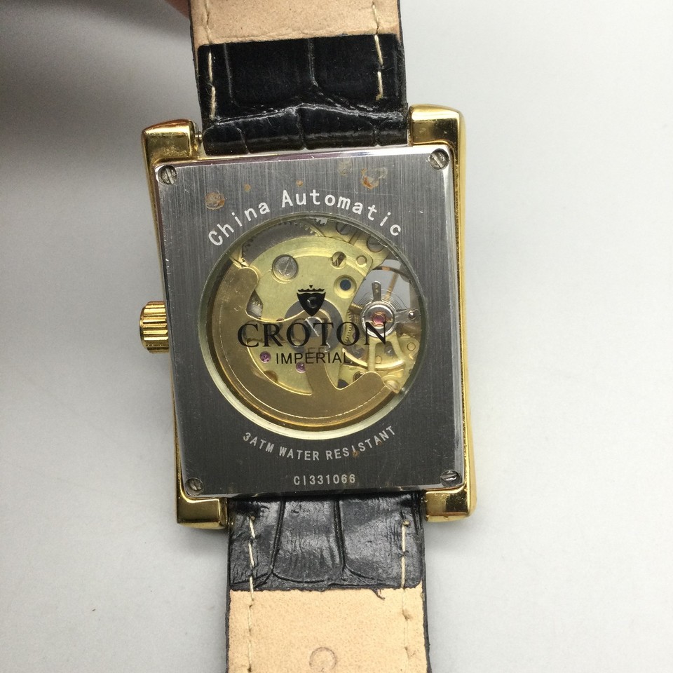 Croton Imperial Automatic Skeleton Watch Gold Tone 33mm Black Leather ...