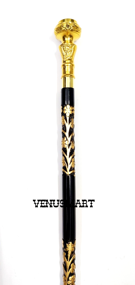 Antique Brass Designer Compass Head Handle Wooden Walking Stick Cane ...