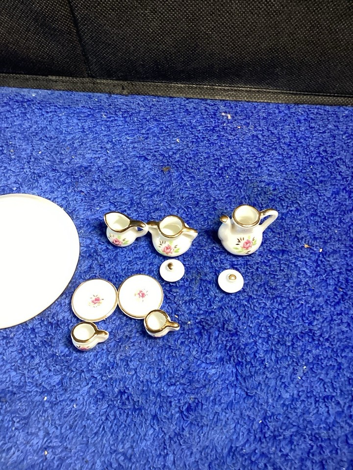 Vintage Miniature Porcelain Tea Set 10 Pieces Pink Rose’s Green Leaves ...