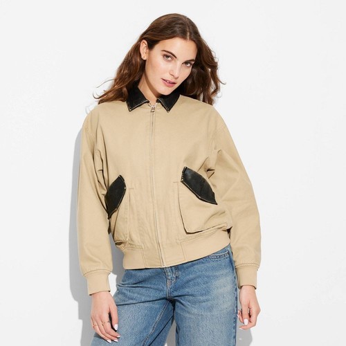 Women's Canvas & Faux Leather Bomber Jacket - Wild Fable Tan S | eBay