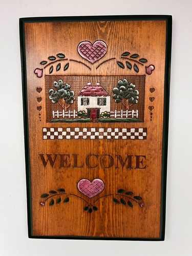 Vtg Hand Crafted Wooden WELCOME Sign Plaque, House Tree Pink Heart ...