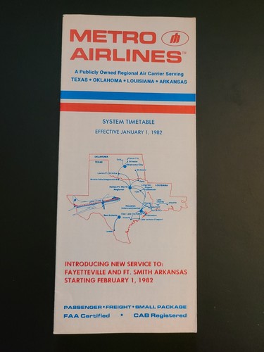 Metro Airlines System Timetable 1/1/1982 | eBay