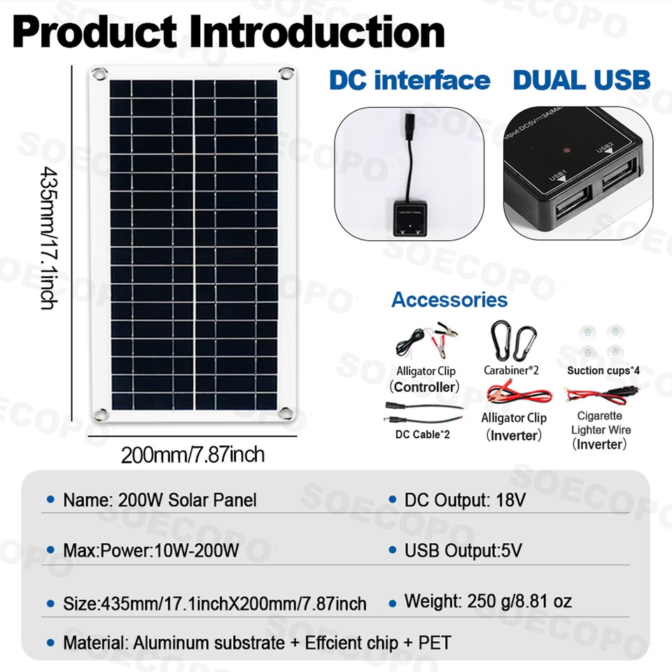 200W Solar Panel Kit 6000W PWM Inverter 12V DC to 220V AC +100A ...