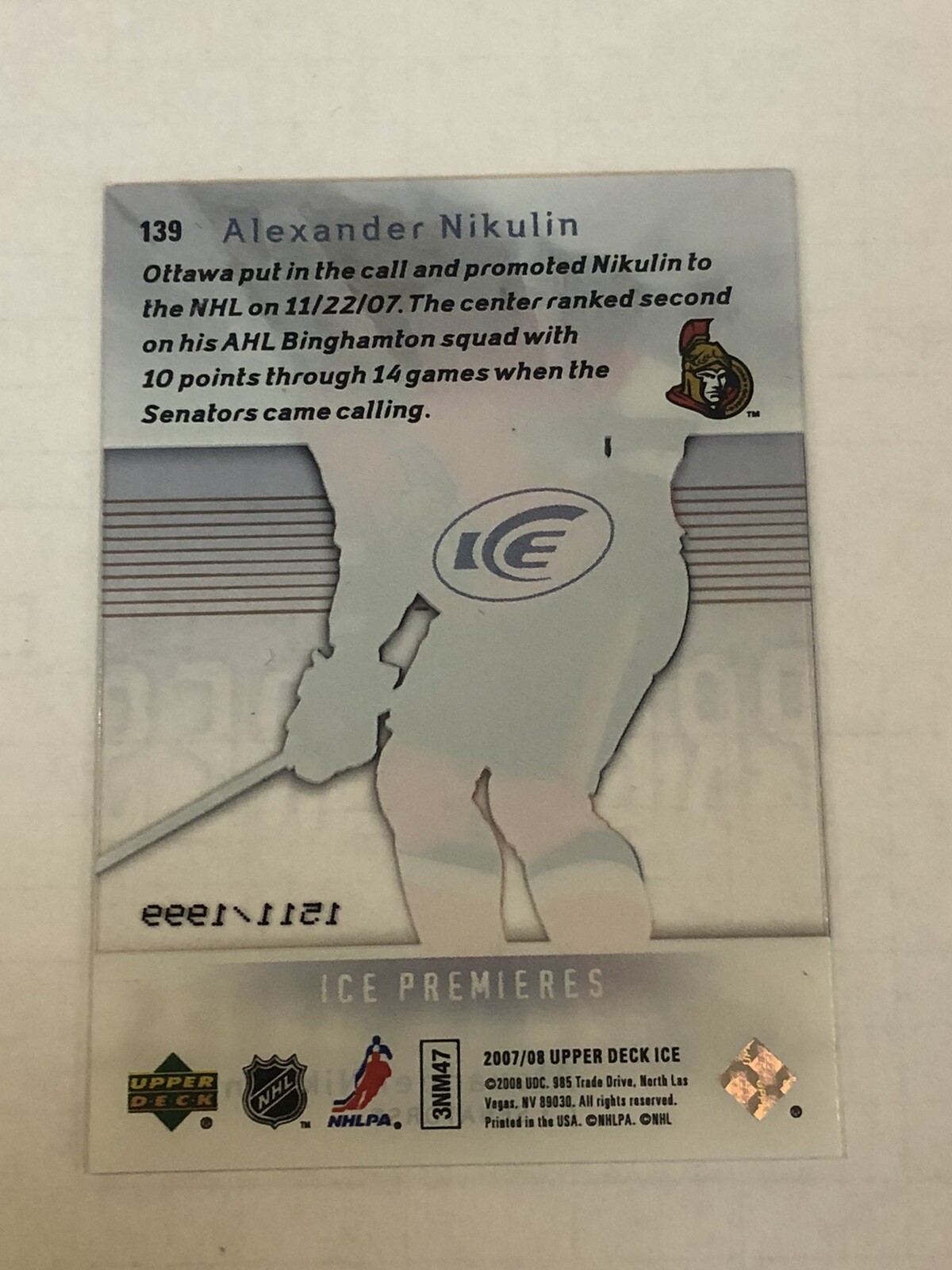 2007-08 Upper Deck Ice Premieres /1999 Alexander Nikulin Level 1 #139 ...