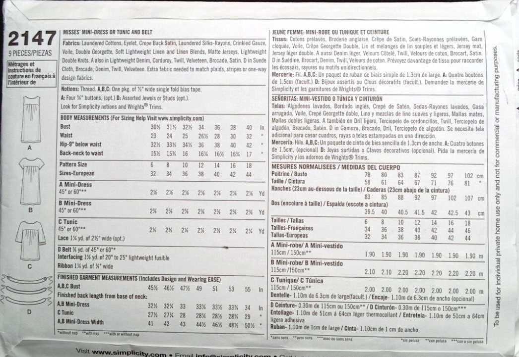 Simplicity 2147 Misses Mini Dress Tunic Pattern Learn to Sew UCT Sz 6 ...